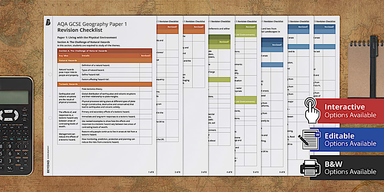 AQA GCSE Geography Paper 1 Revision Checklist (teacher made)