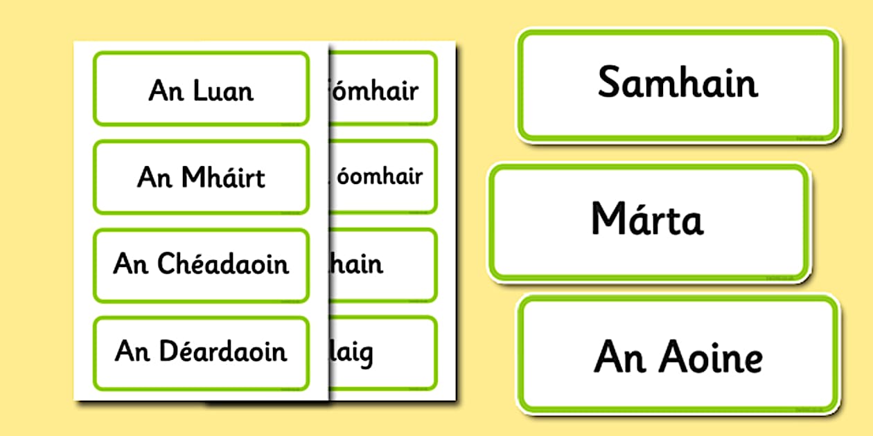 Dyslexic Gaeilge Days of the Week Months of the Year Word Cards