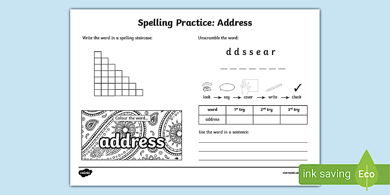 Address Spelling Practice Worksheet (teacher made) - Twinkl