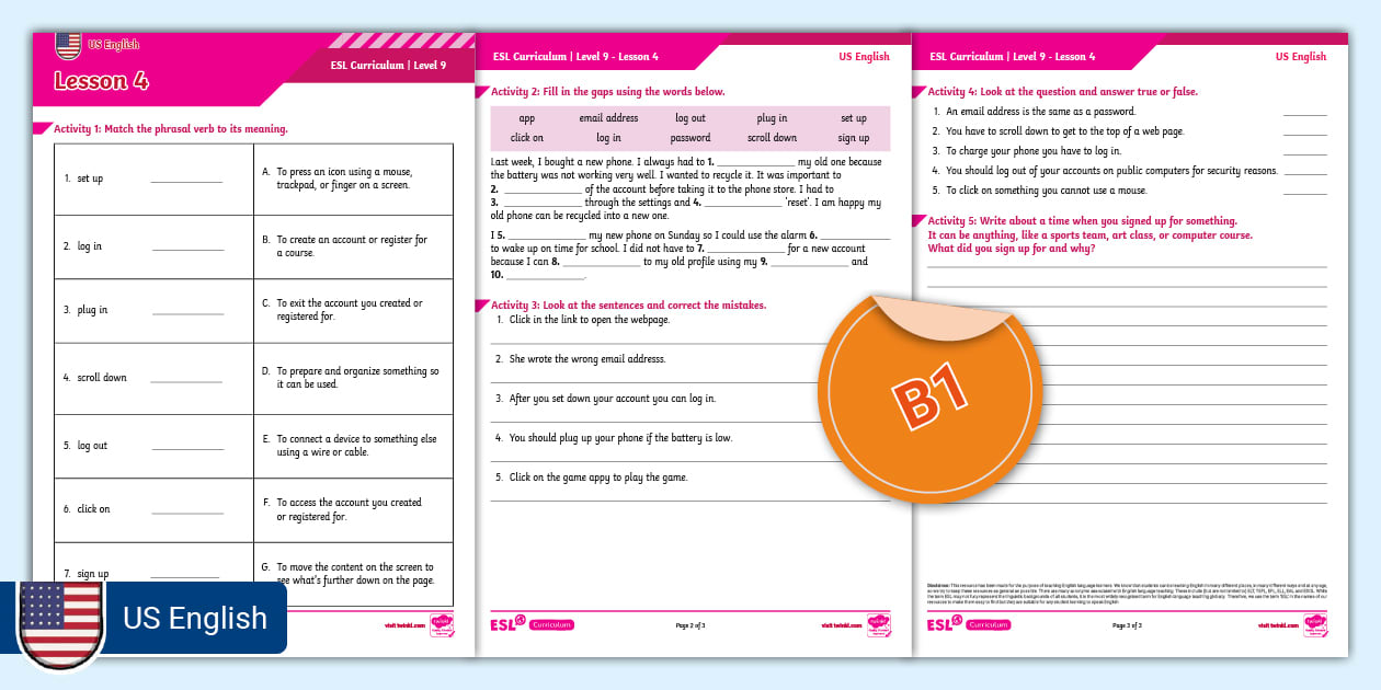 ESL US English Level 9 Lesson 4 Activity Sheet by Twinkl