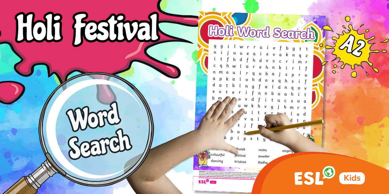 Colourful Holi Festival Word Search for Kids