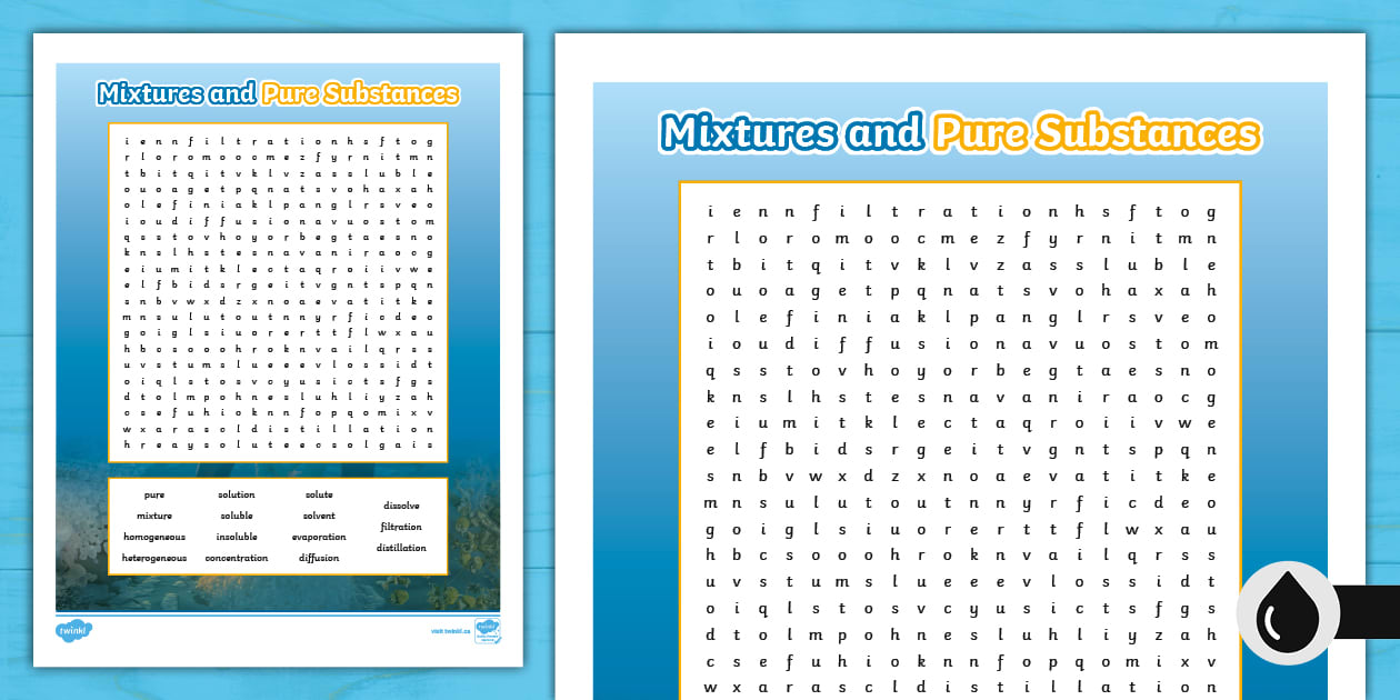 Pure Substances and Mixtures Word Search (teacher made)