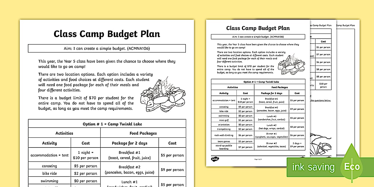 TAS Class Camp Budget Plan Worksheet (Lehrer gemacht)