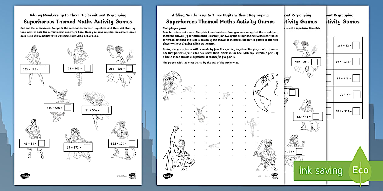 Adding Numbers up to 3 Digits without Regrouping Superheroes Themed Maths