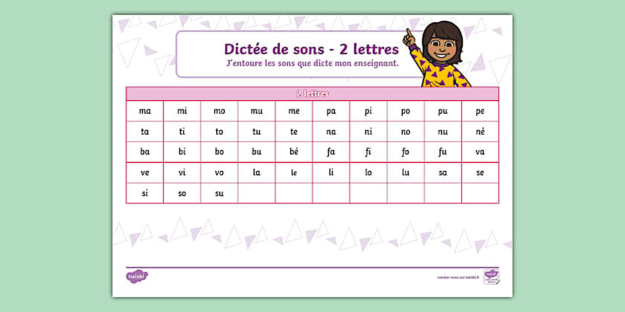 Dictée de sons en maternelle - 2 lettres - Fiche 1 - Twinkl