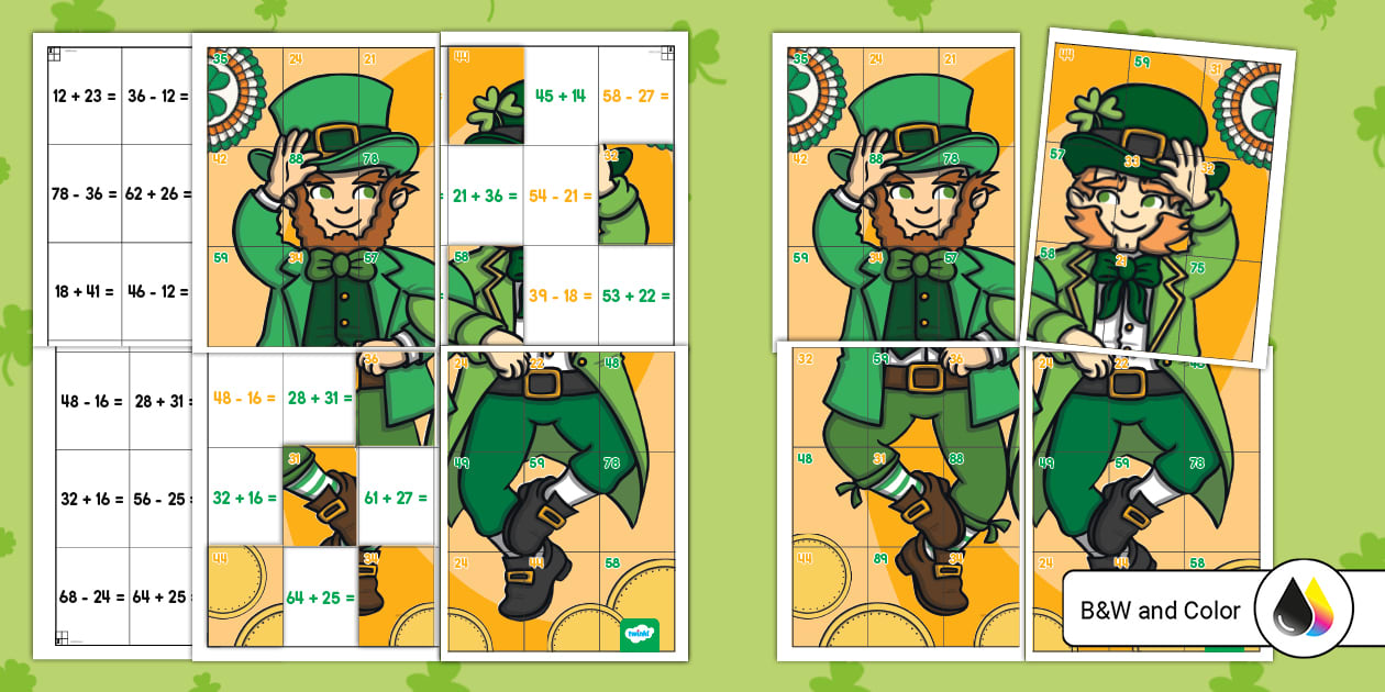 Second Grade Giant St. Patrick's Day Puzzle: 2-Digit Additio