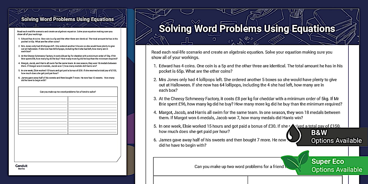 Solving Word Problems Using Equations (teacher made)