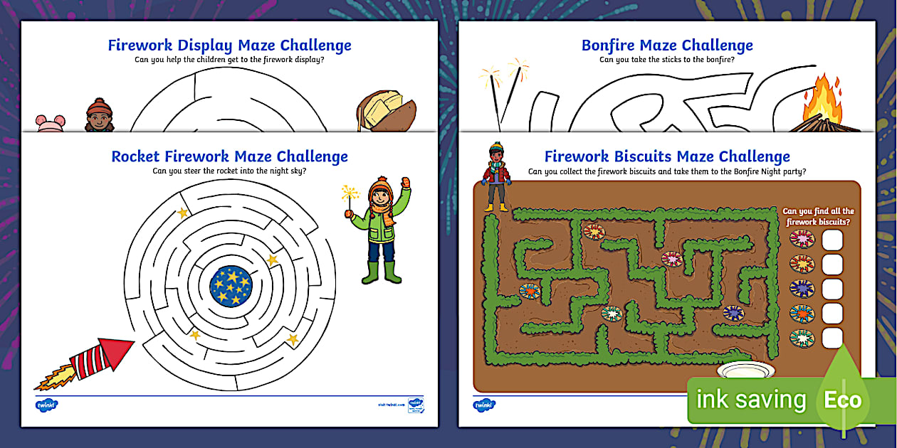 Bonfire Night Maze Pencil Control Activity Sheets | Twinkl