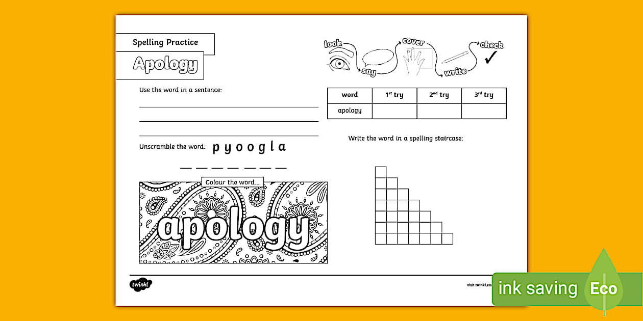 Apology Spelling Practice Worksheet (teacher made) - Twinkl