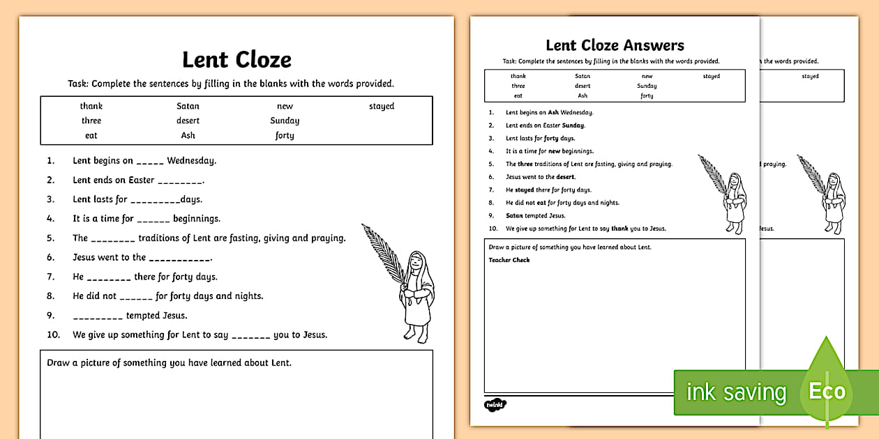 SA Lent Cloze Worksheet (professor feito) - Twinkl