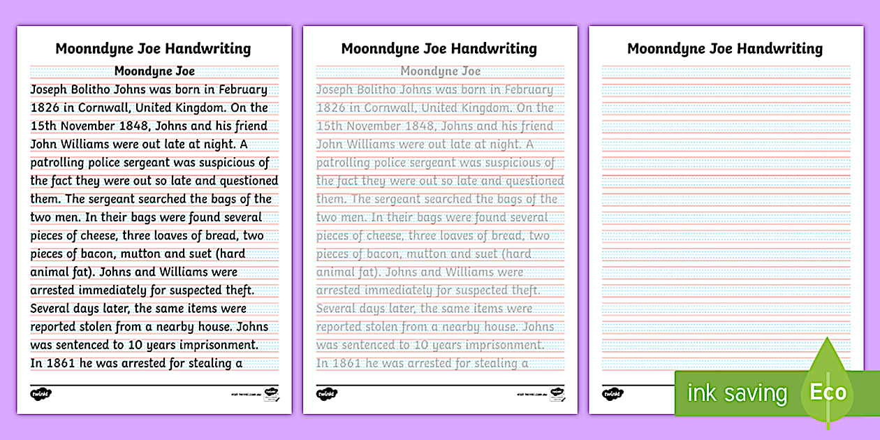 TAS Moondyne Joe Handwriting Worksheets - Twinkl