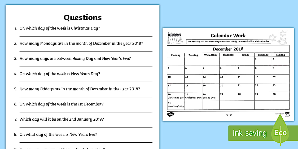 Cursive Problem Solving December 2018 Worksheet - Twinkl