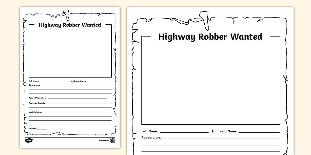 Highway Robber Wanted Poster - The Highwayman - Twinkl