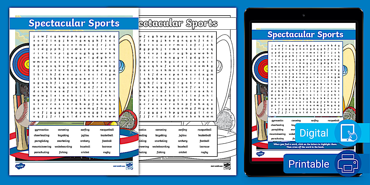 Spectacular Sports Word Search for 6th-8th Grade - Twinkl