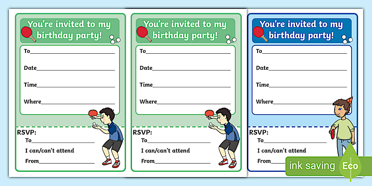 Table Tennis Themed Party Invitations