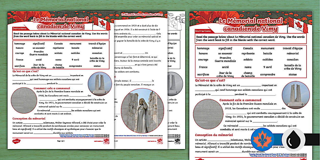 Canadian National Vimy Memorial Cloze Activity Grade 4-6 French