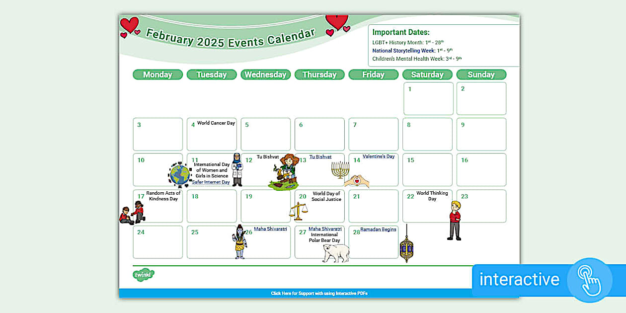 Interactive PDF: Free February Events First Level Calendar