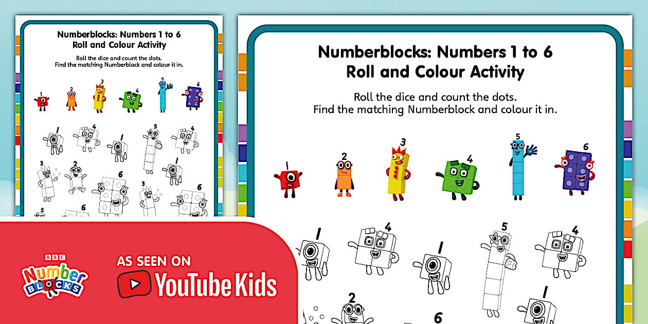 Numberblocks: Numbers 1 to 6 Roll and Colour Worksheet