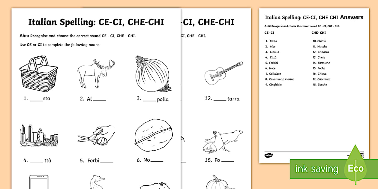 Ce in Italian activity - Italian spelling worksheet - Twinkl