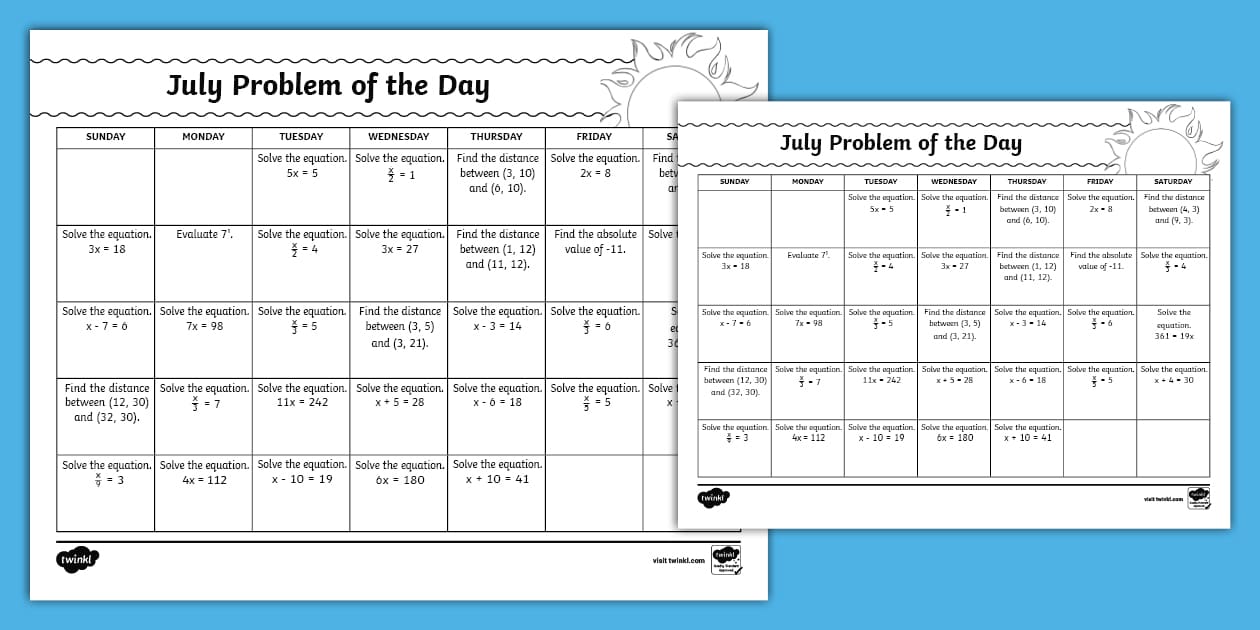 Sixth Grade 2025 Math Problem of the Day July Calendar