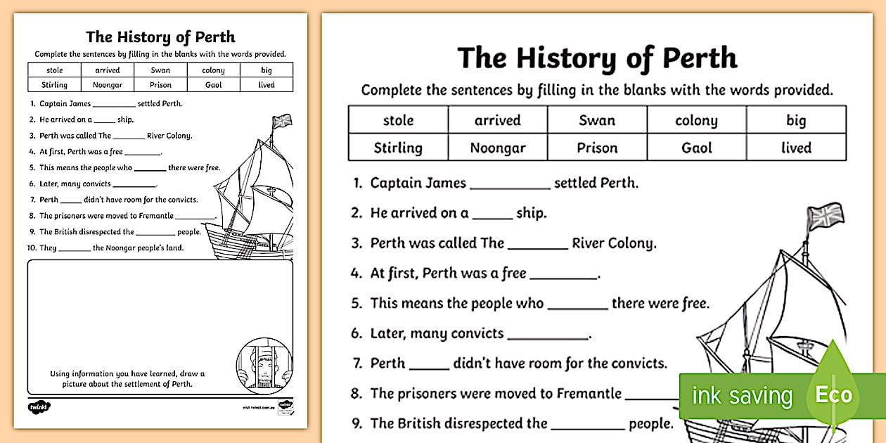 TAS History of Perth Cloze Worksheet (teacher made) - Twinkl
