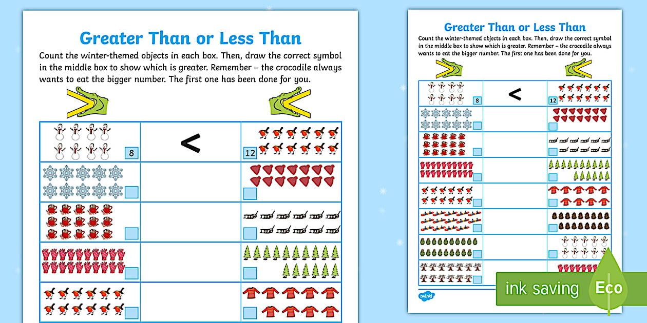 Winter Themed Greater Than or Less Than up to 20 Worksheet