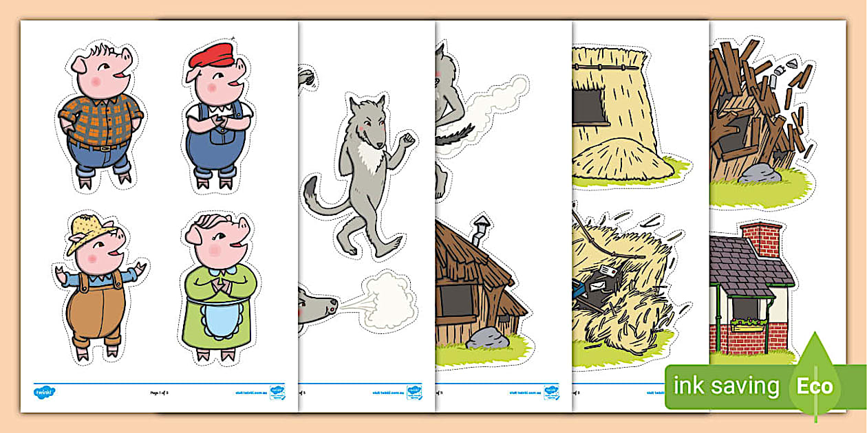 Black and White The Three Little Pigs Stick Puppets - Twinkl