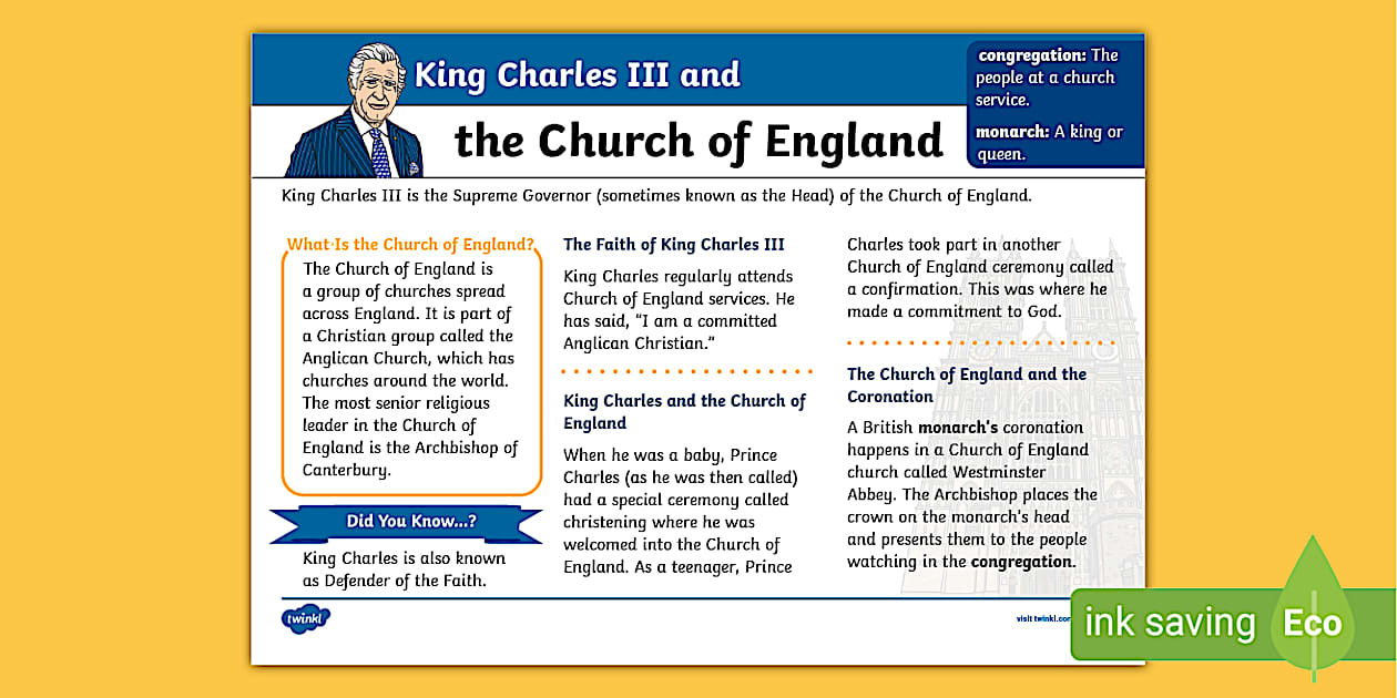 KS1 King Charles III and the Church of England Fact File