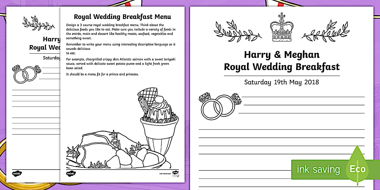 Precursive Royal Wedding Breakfast Menu Worksheet - Twinkl