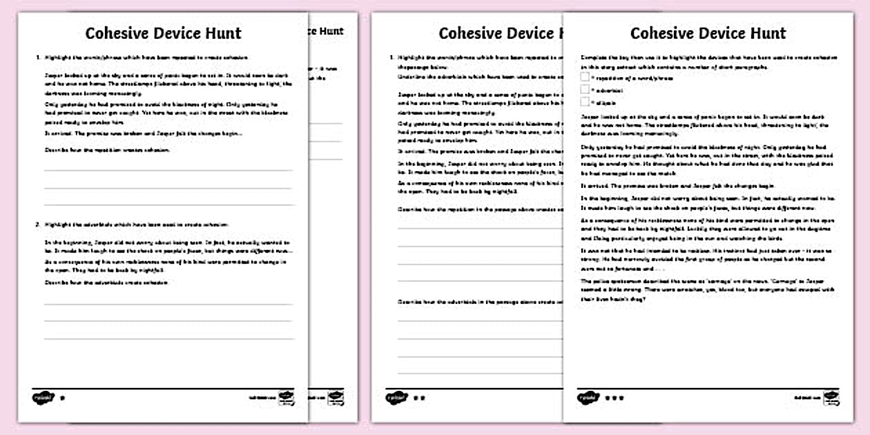 Cohesive Device Hunt Differentiated Worksheet / Worksheet Pack