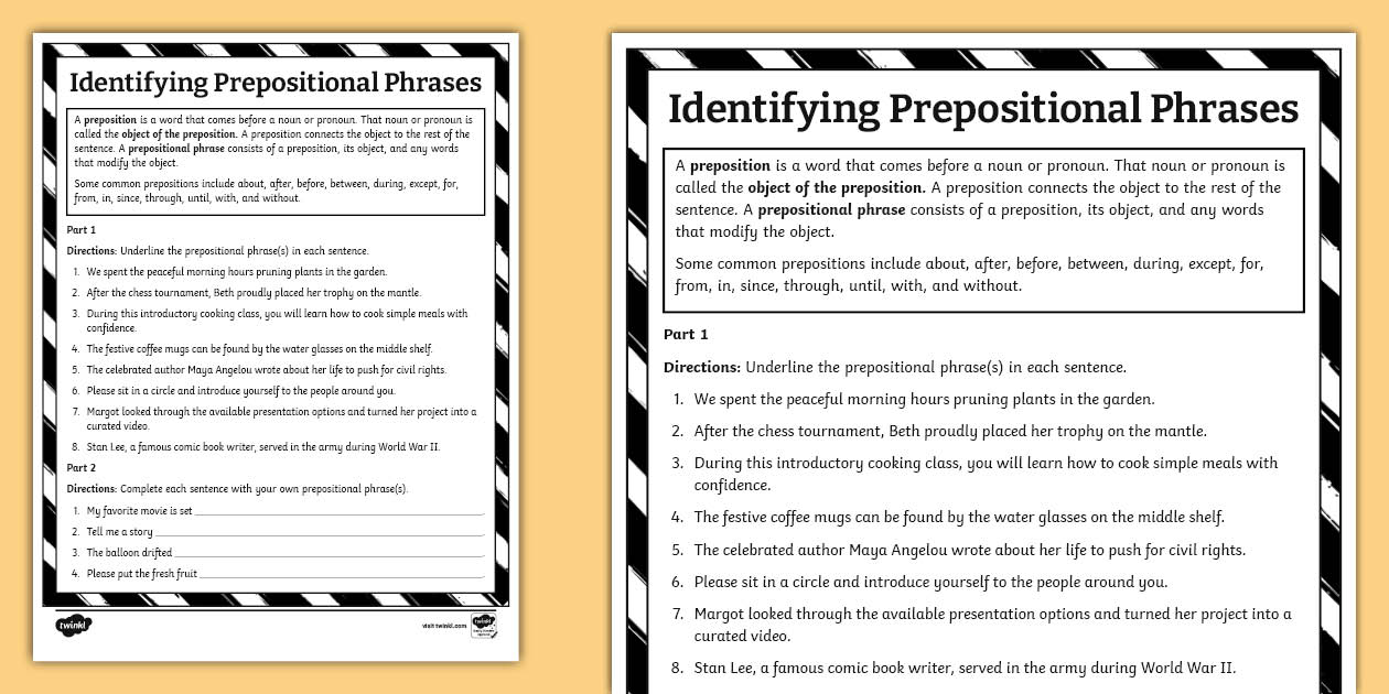Identifying Prepositions Worksheet for 6th-8th Grade