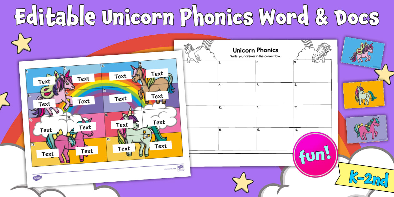 Editable Unicorn Phonics Word & Google Docs for K-2nd Grade