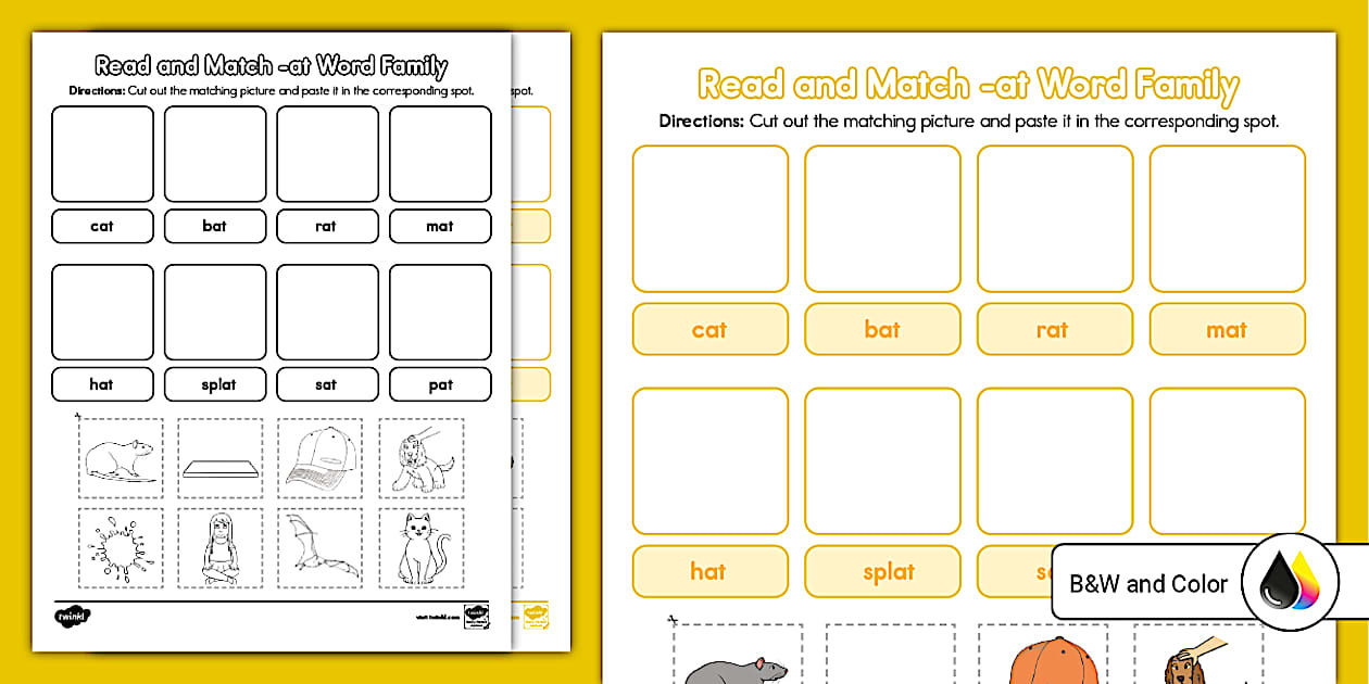 Read and Match -at Word Family Worksheet for K-1st Grade