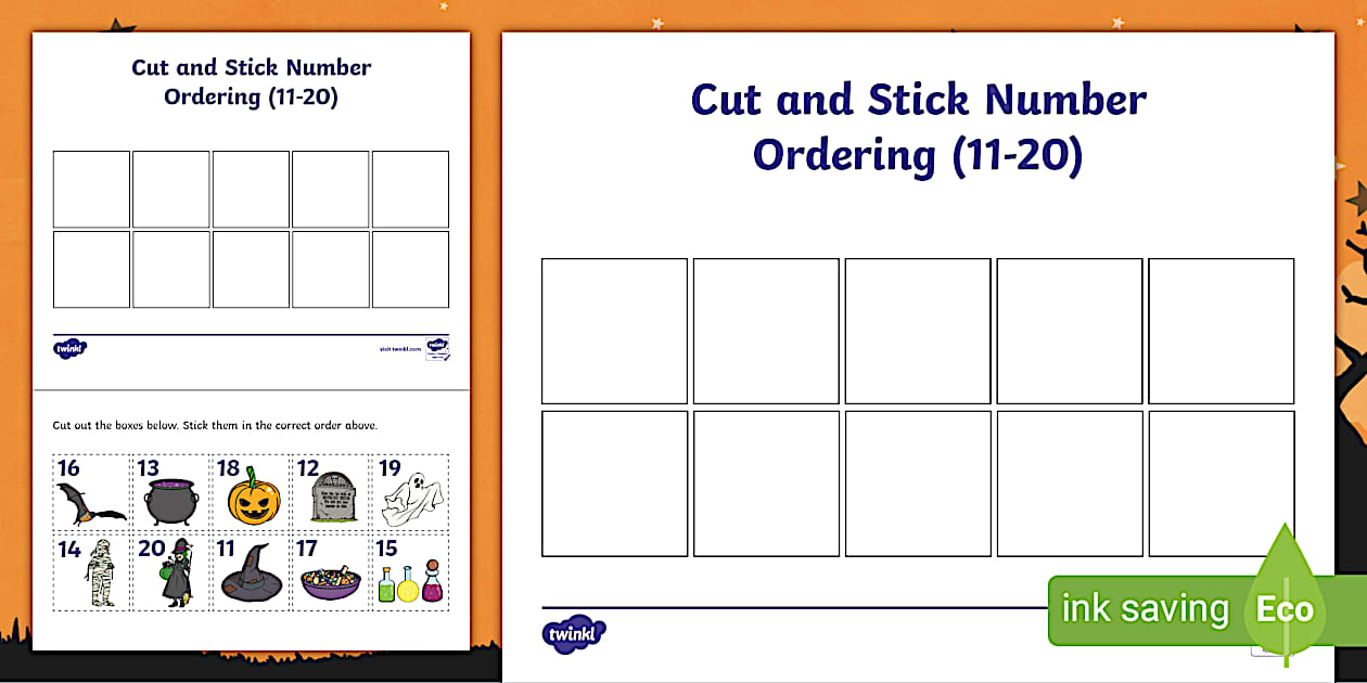Halloween Themed Cut and Stick Number Ordering Activity 11-20