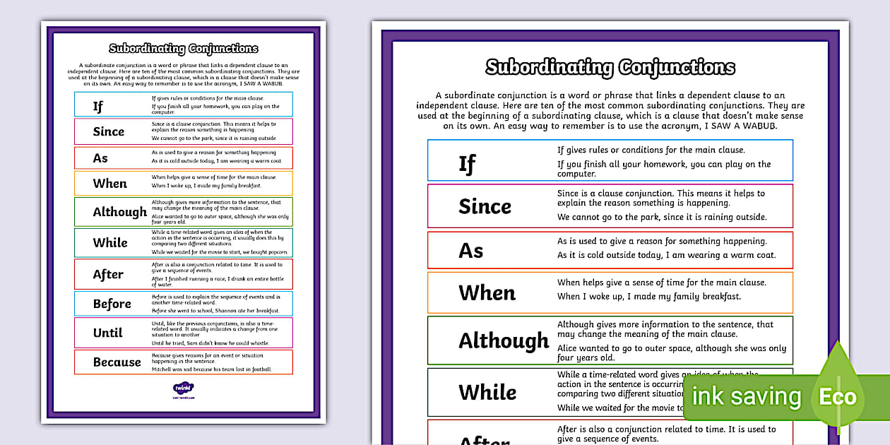 Subordinate Conjunctions Poster (teacher made) - Twinkl