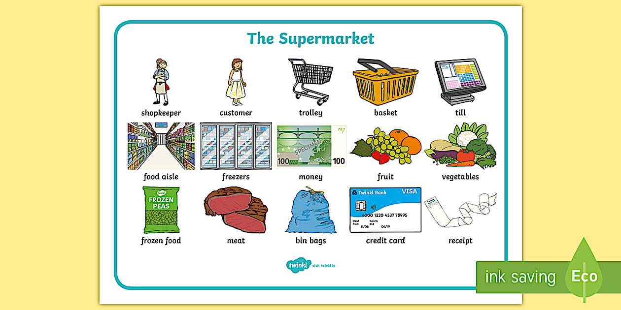 Cursive The Supermarket Aistear Word Mat - Twinkl