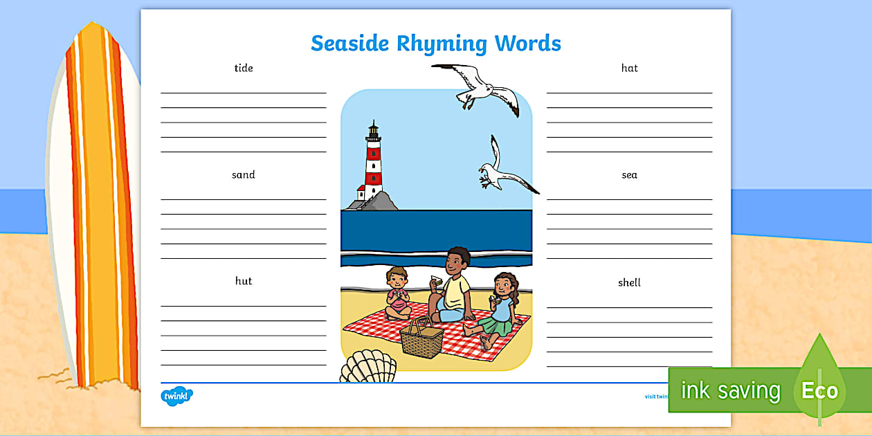 Seaside Rhyming Word Worksheet - ESL Vocabulary - Twinkl