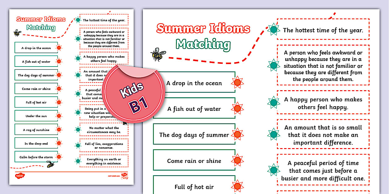 ESL Summer Idiom Matching Worksheet (teacher made) - Twinkl