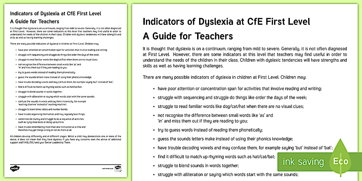 CfE First Level Indicators of Dyslexia Adult Guidance