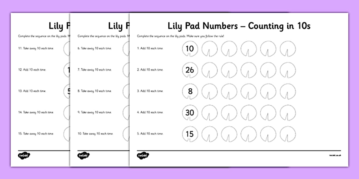 Cursive Lily Pad Counting in 10s From Any Given Number Worksheet