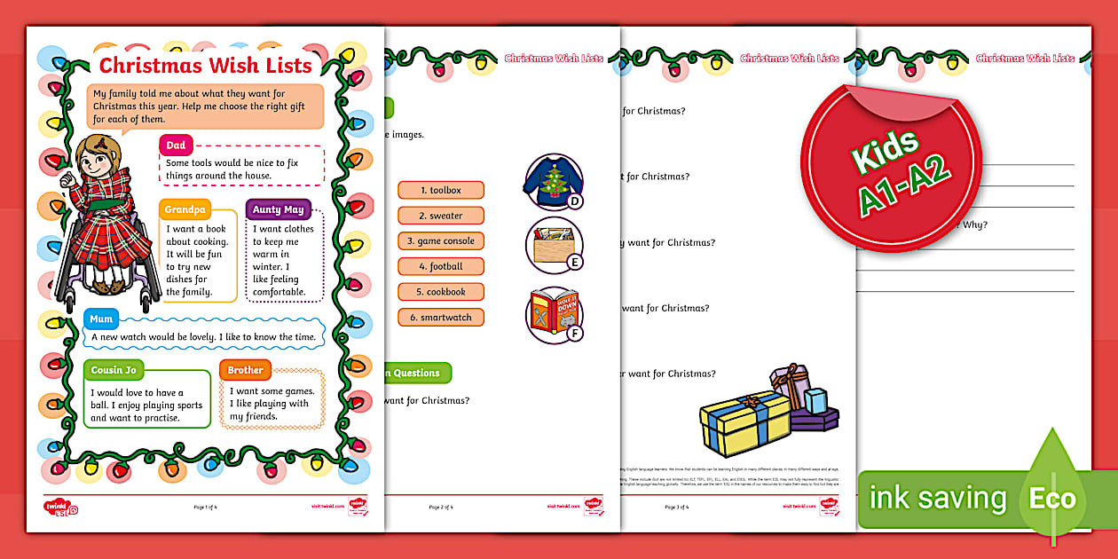 ESL Christmas Wishes Reading Comprehension [Kids, A1 - A2]