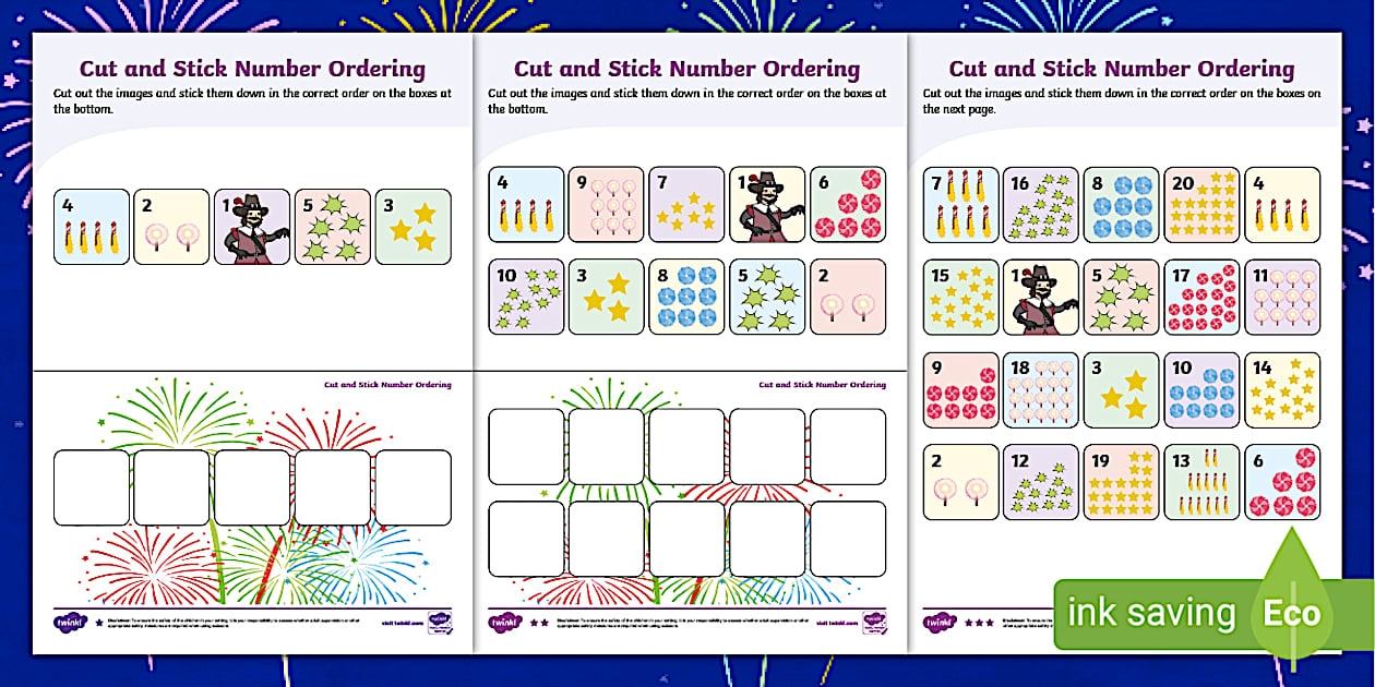 Lower Ability Bonfire Night Themed Cut and Stick Number Ordering Sheets