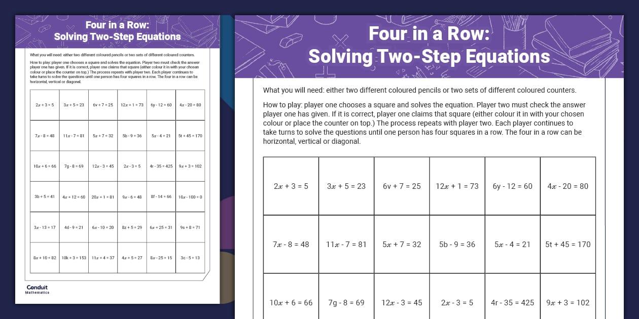 Four in a Row: Solving Two-Step Equations (professor feito)