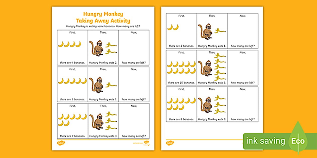 Editable Hungry Monkey Taking Away Worksheet - Twinkl