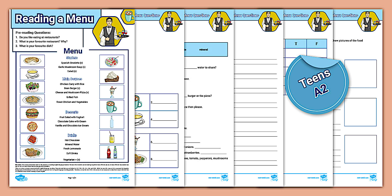 Reading a Menu Worksheet for Teens at Twinkl! - Twinkl