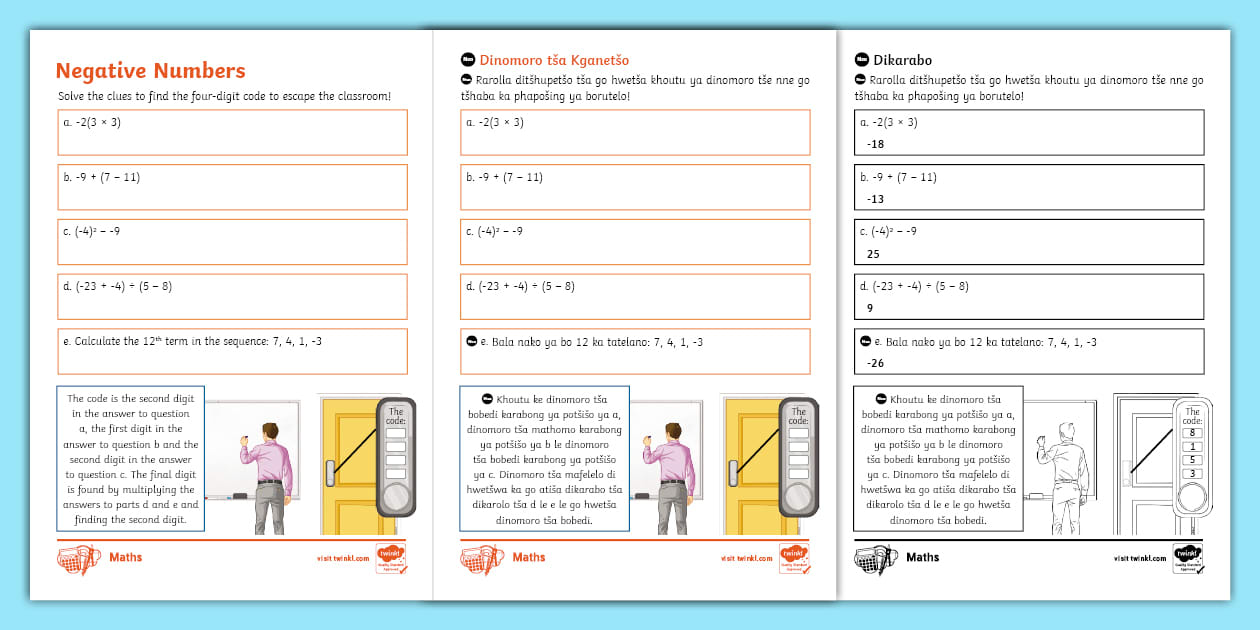 Grade 7 Escape the Room: Negative Numbers – Nso/Eng CAPS