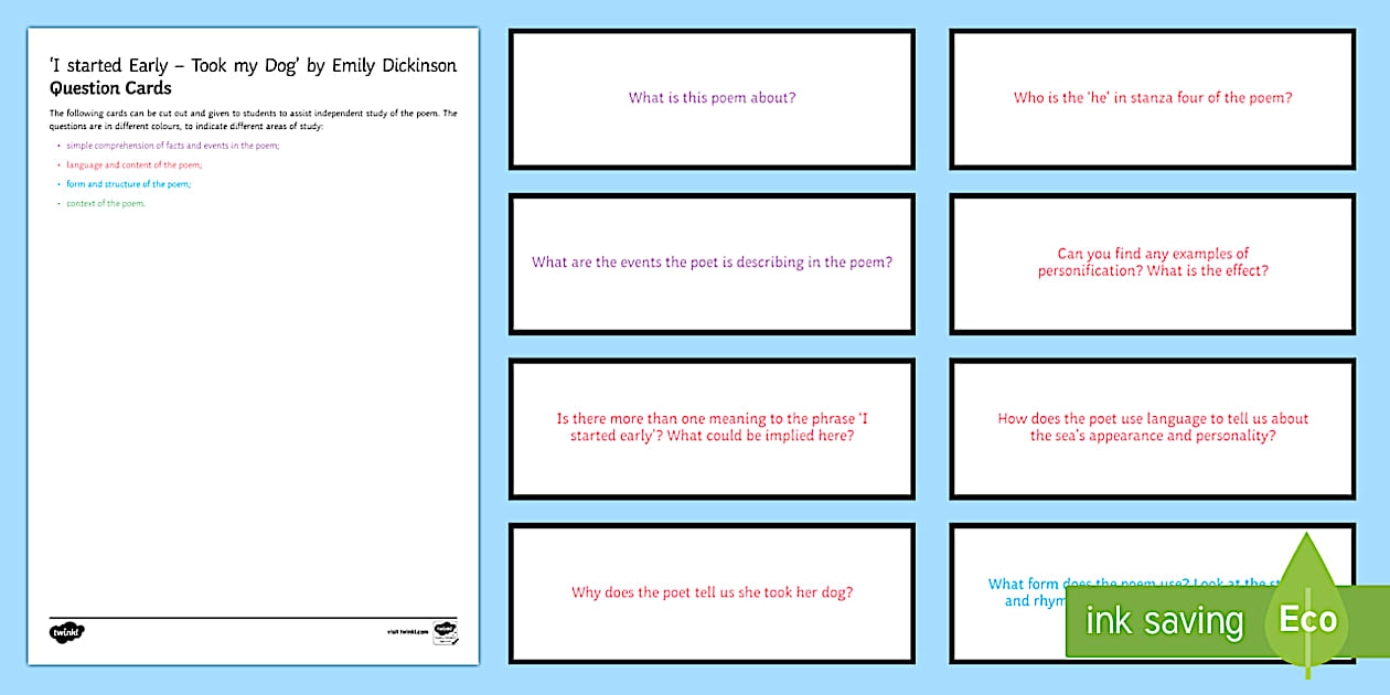 GCSE 'I started Early - Took my Dog' by Emily Dickinson Question Cards