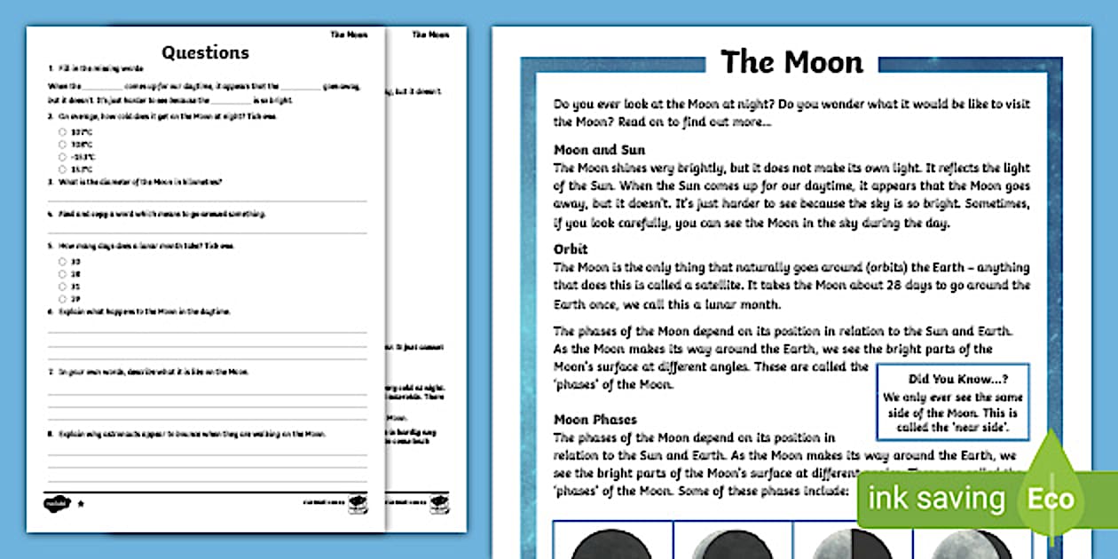 The Moon Southern Hemisphere Reading Comprehension - Twinkl