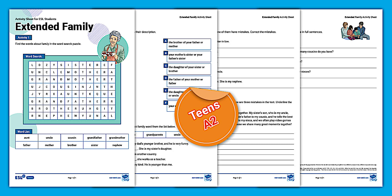 ESL Extended Family Activity Sheet for Teens (teacher made)
