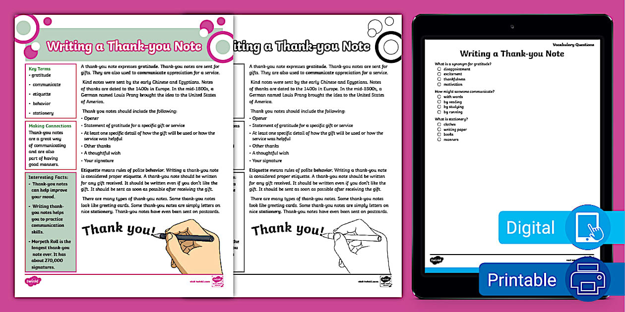 Fourth Grade Writing a Thank-you Note Fact File - Twinkl